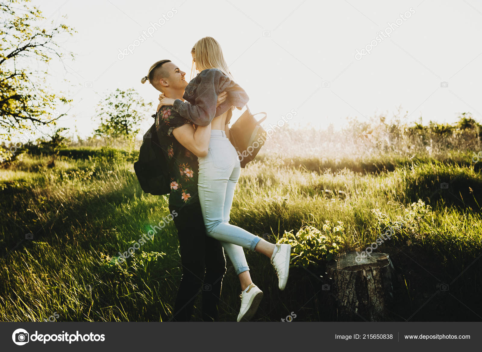 Side View Young Man Woman Standing Embracing Green Lawn Backlit Stock ...