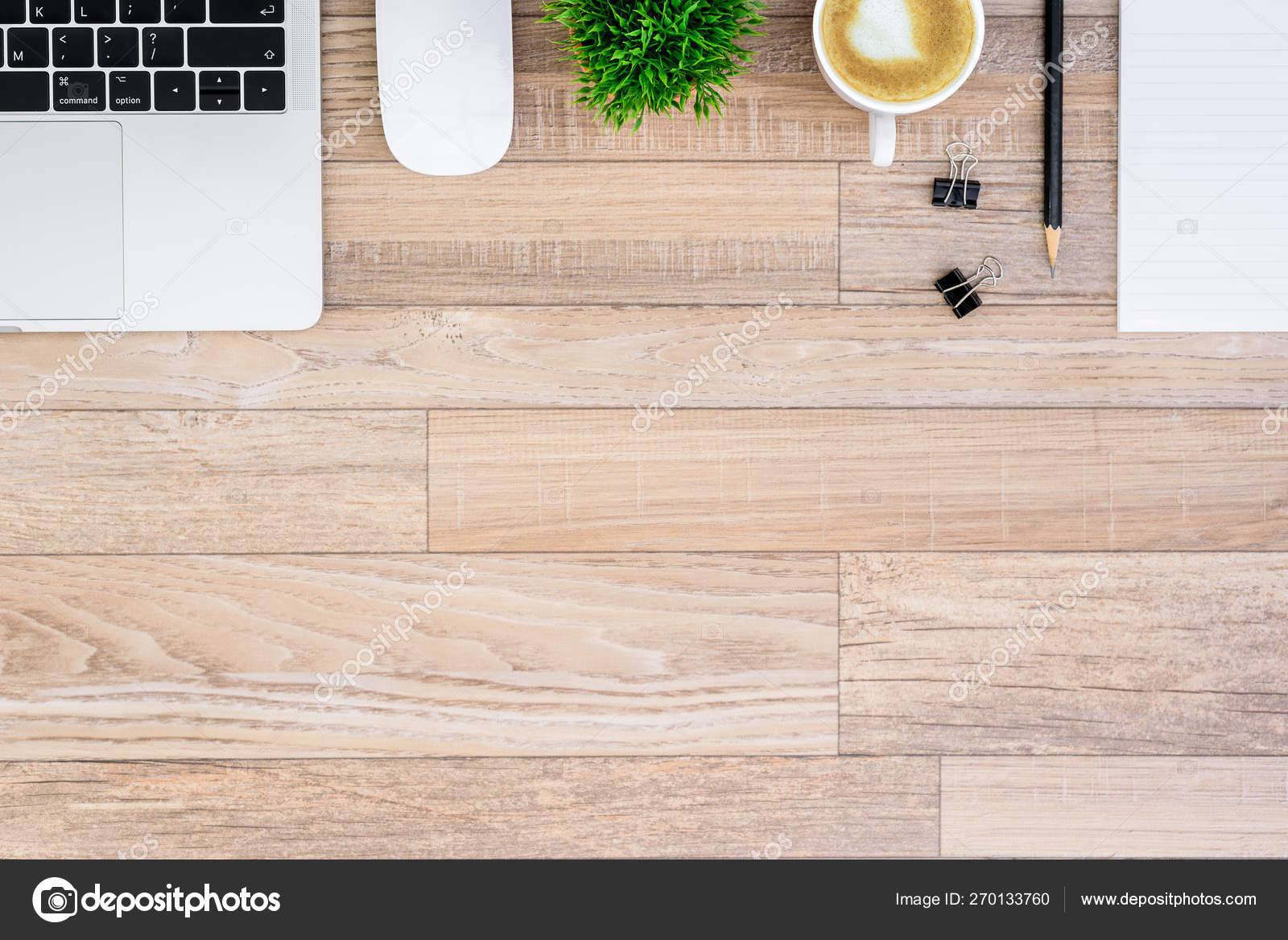 The office desk flat lay view with laptop, mouse, tree, black cl ...