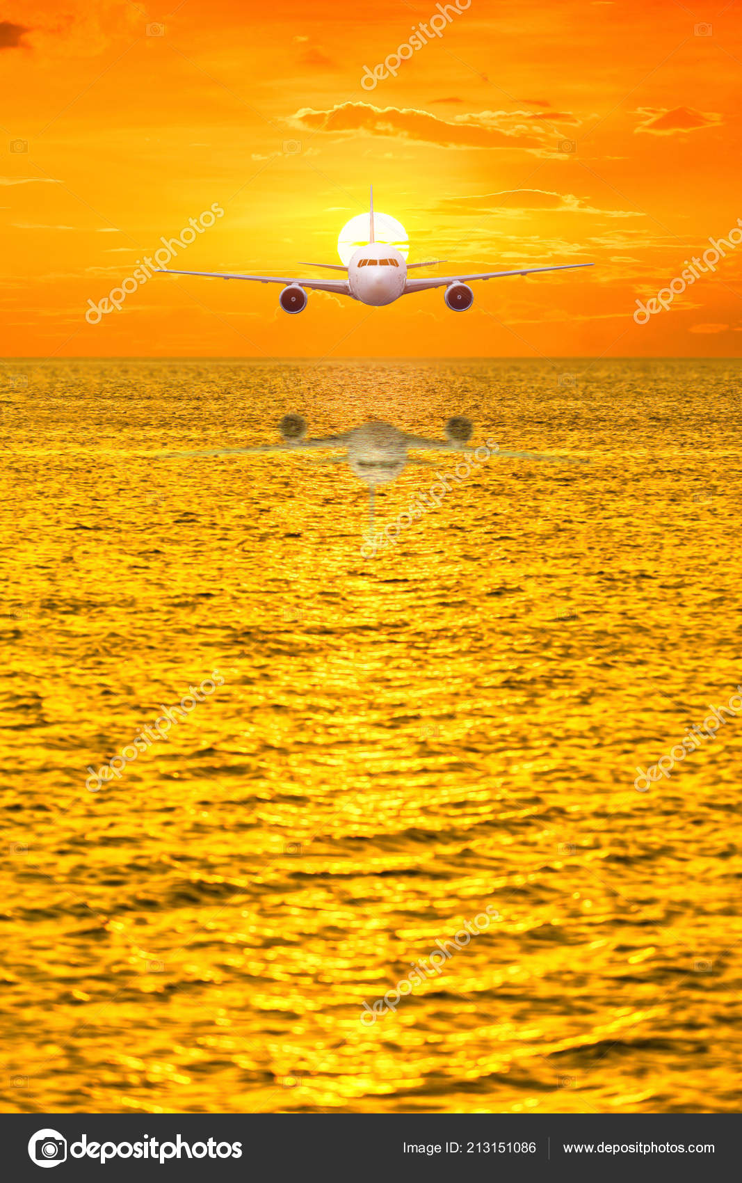 Front Real Plane Aircraft Seascape Sunset Background — Stock Photo ...