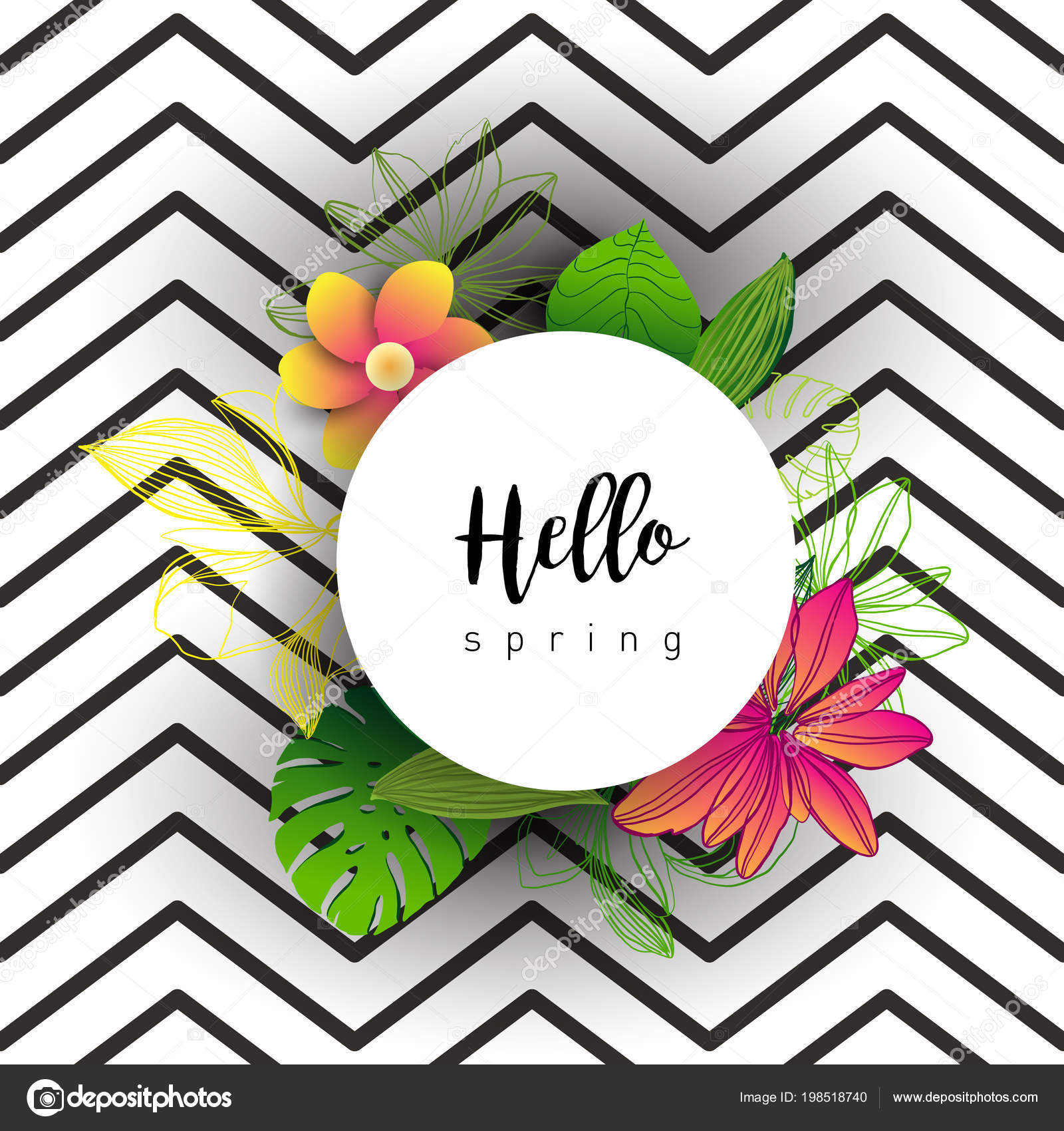 Hello Spring Trendy Banner Leaves Tropical Plants Hand Drawn Lettering ...