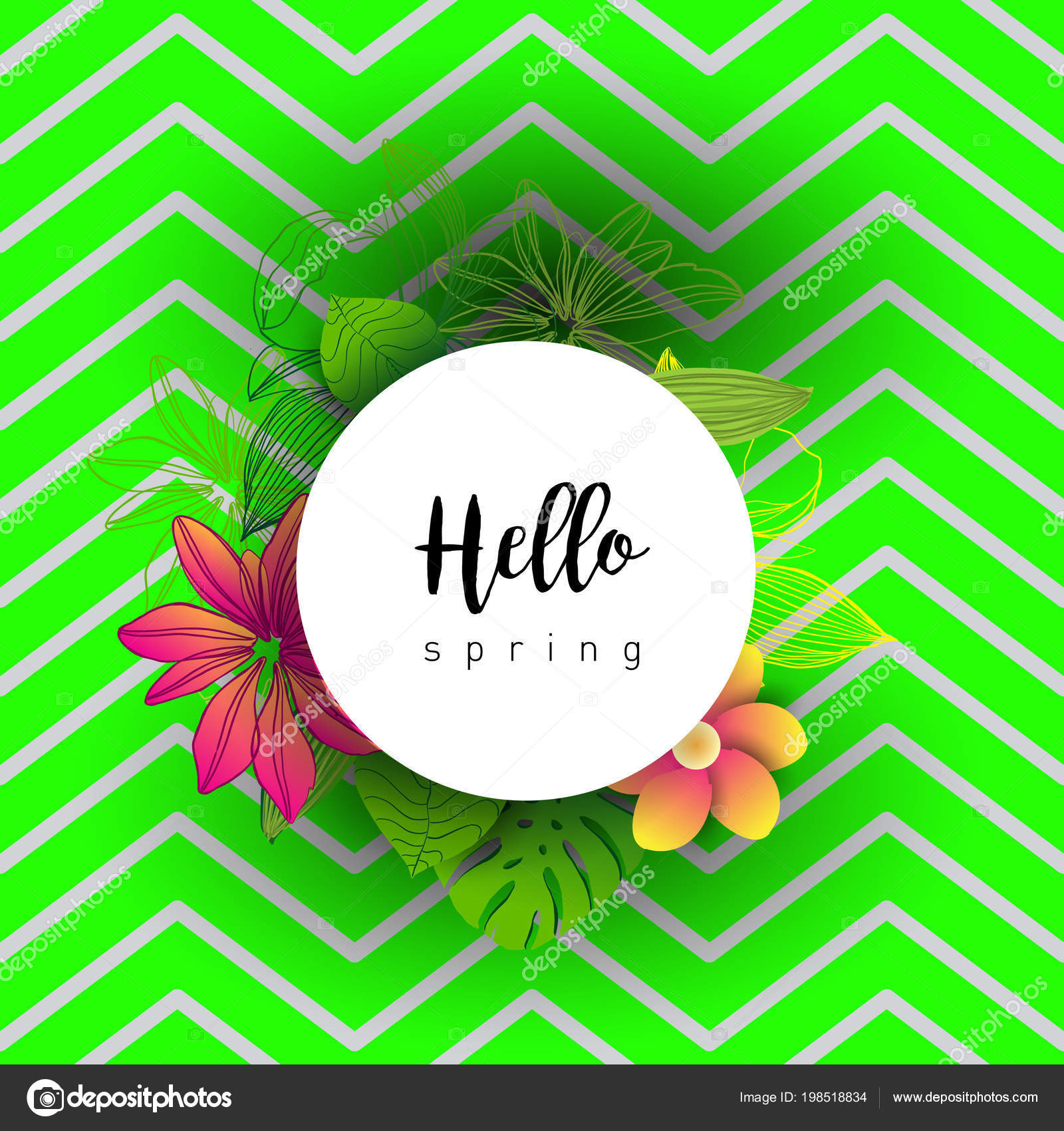 Hello Spring Trendy Banner Leaves Tropical Plants Hand Drawn Lettering ...