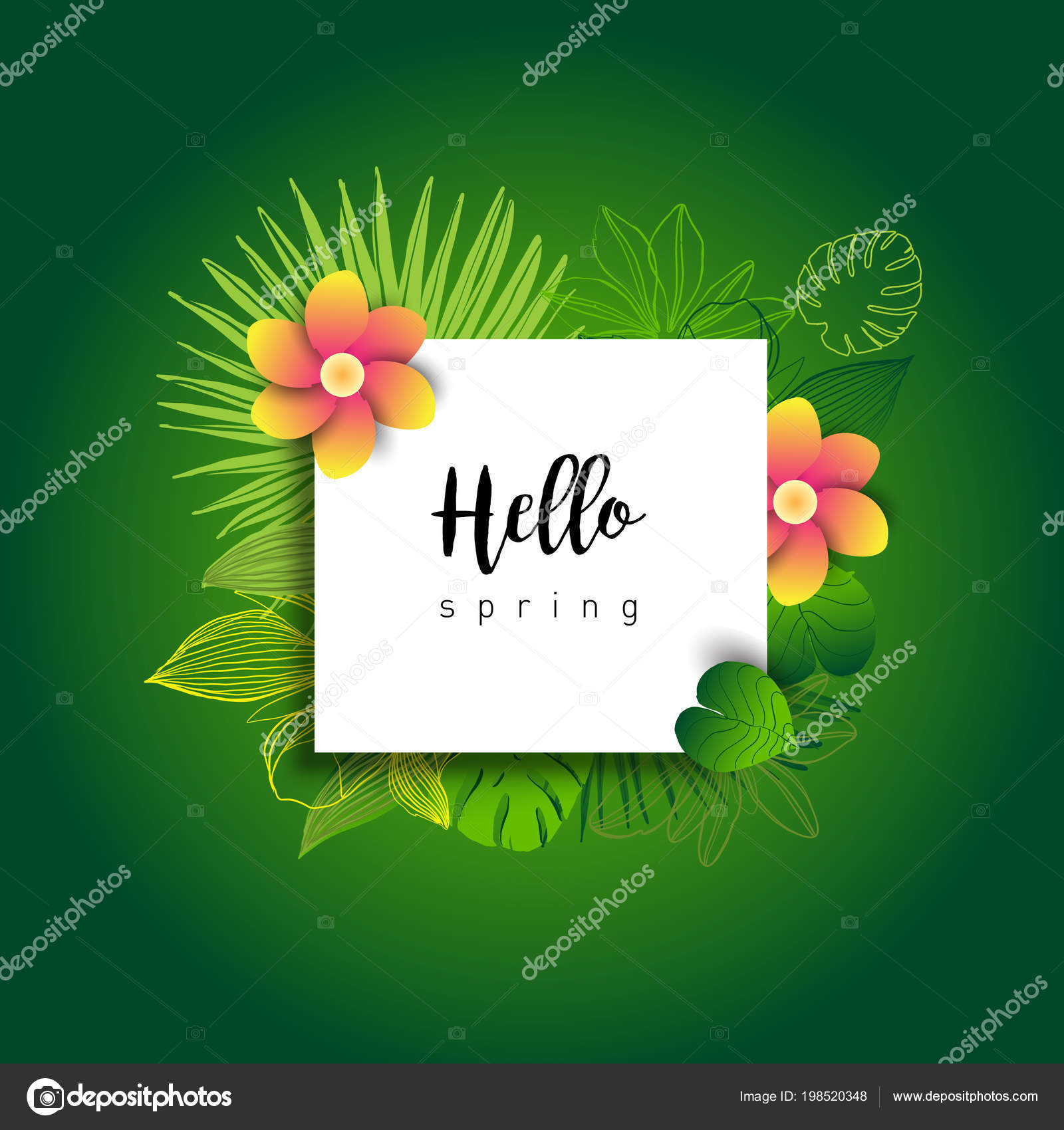 Hello Spring Trendy Banner Leaves Tropical Plants Hand Drawn Lettering ...