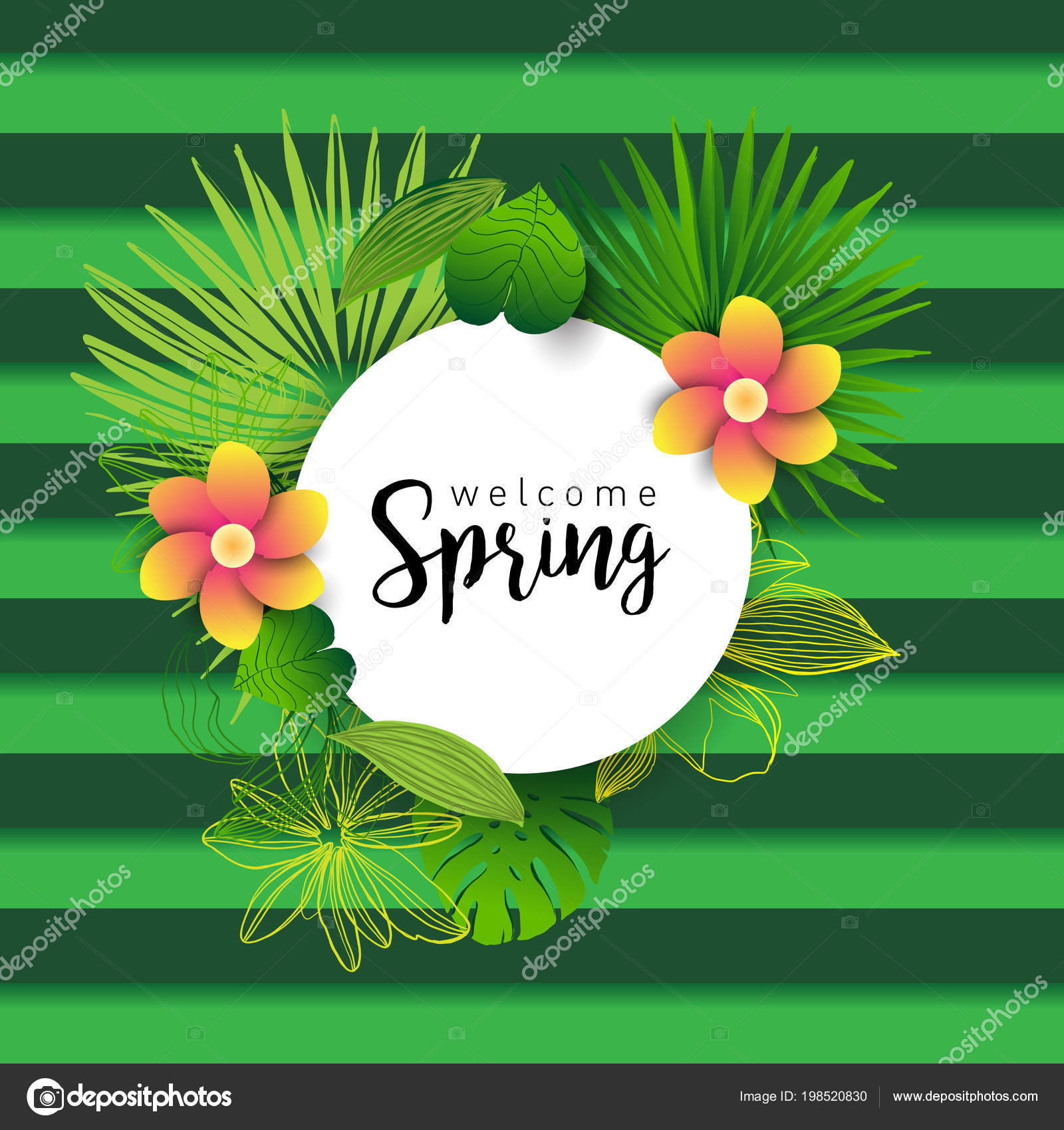 Welcome Spring Trendy Banner Leaves Tropical Plants Flowers Hand Drawn ...