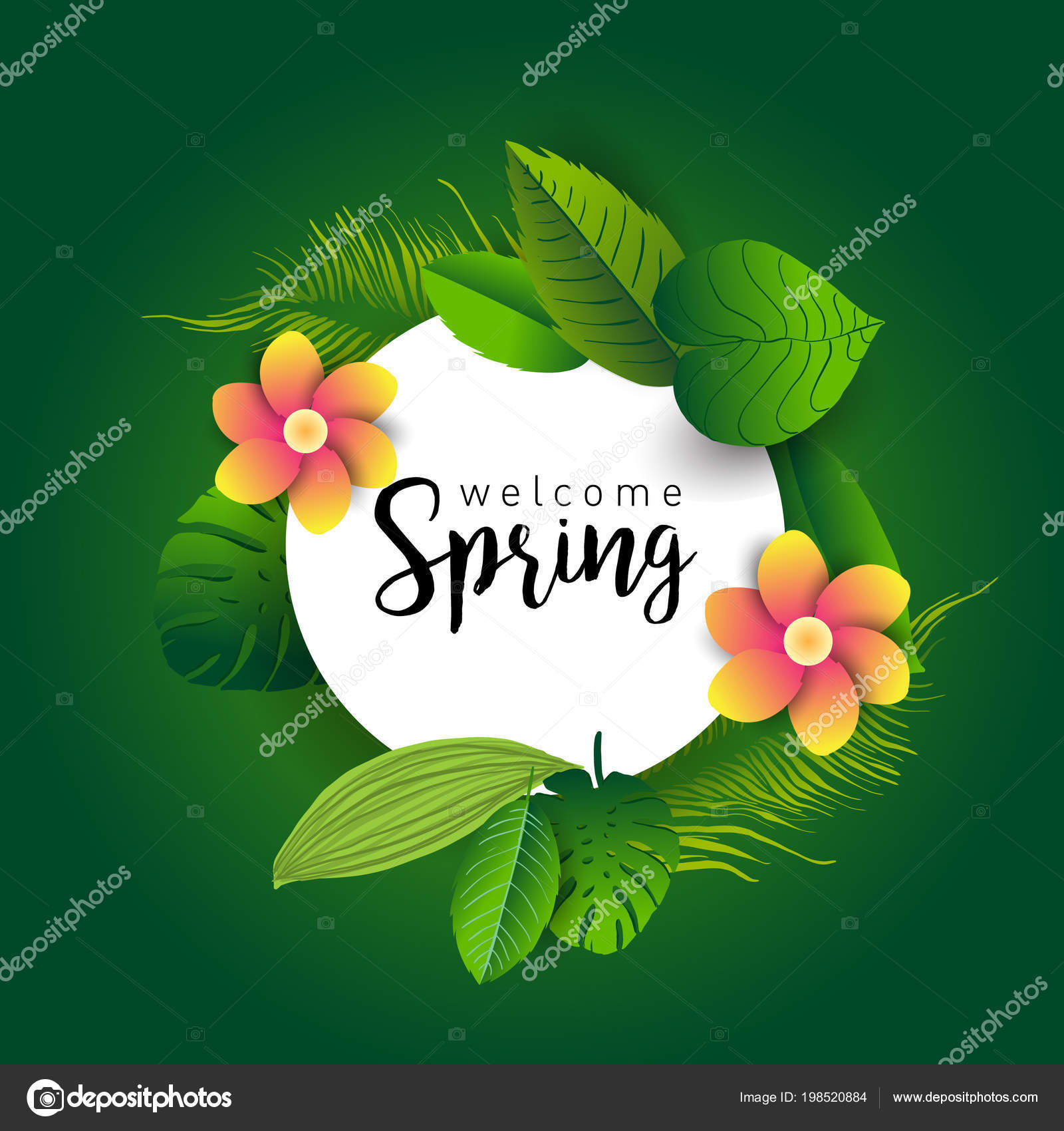 Bienvenida Primavera Banner Moda Con Hojas Plantas Tropicales Flores ...