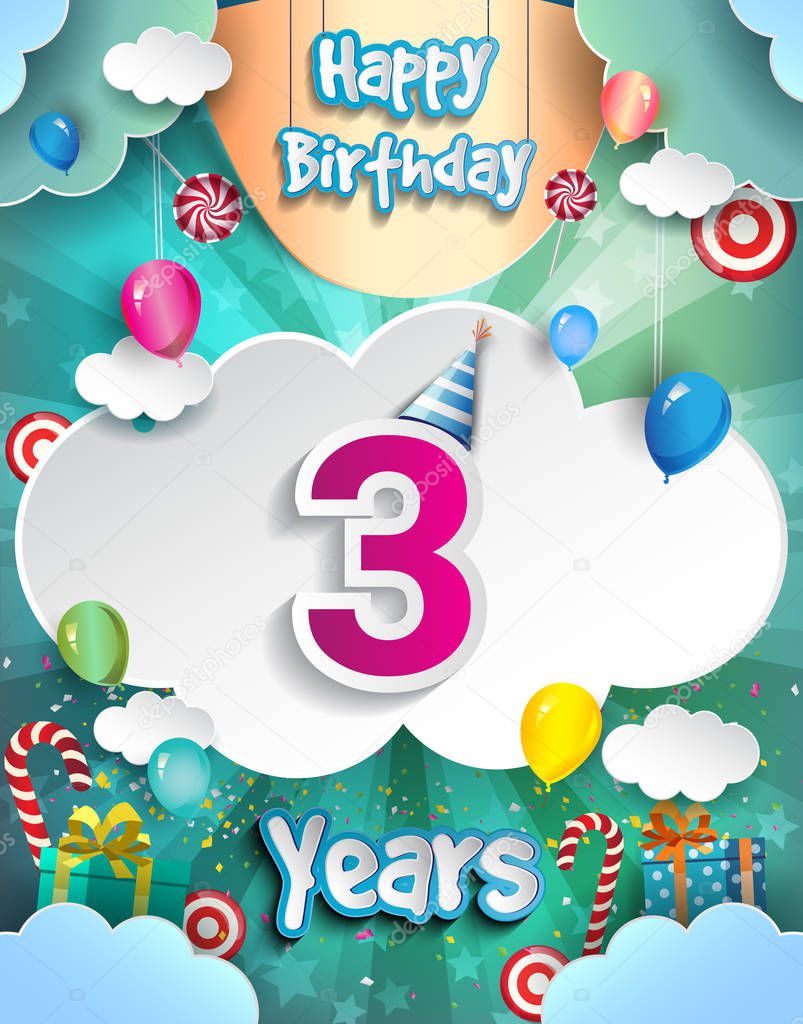 3 Aniversario Celebration Design, con nube y globos, confeti. Elementos ...