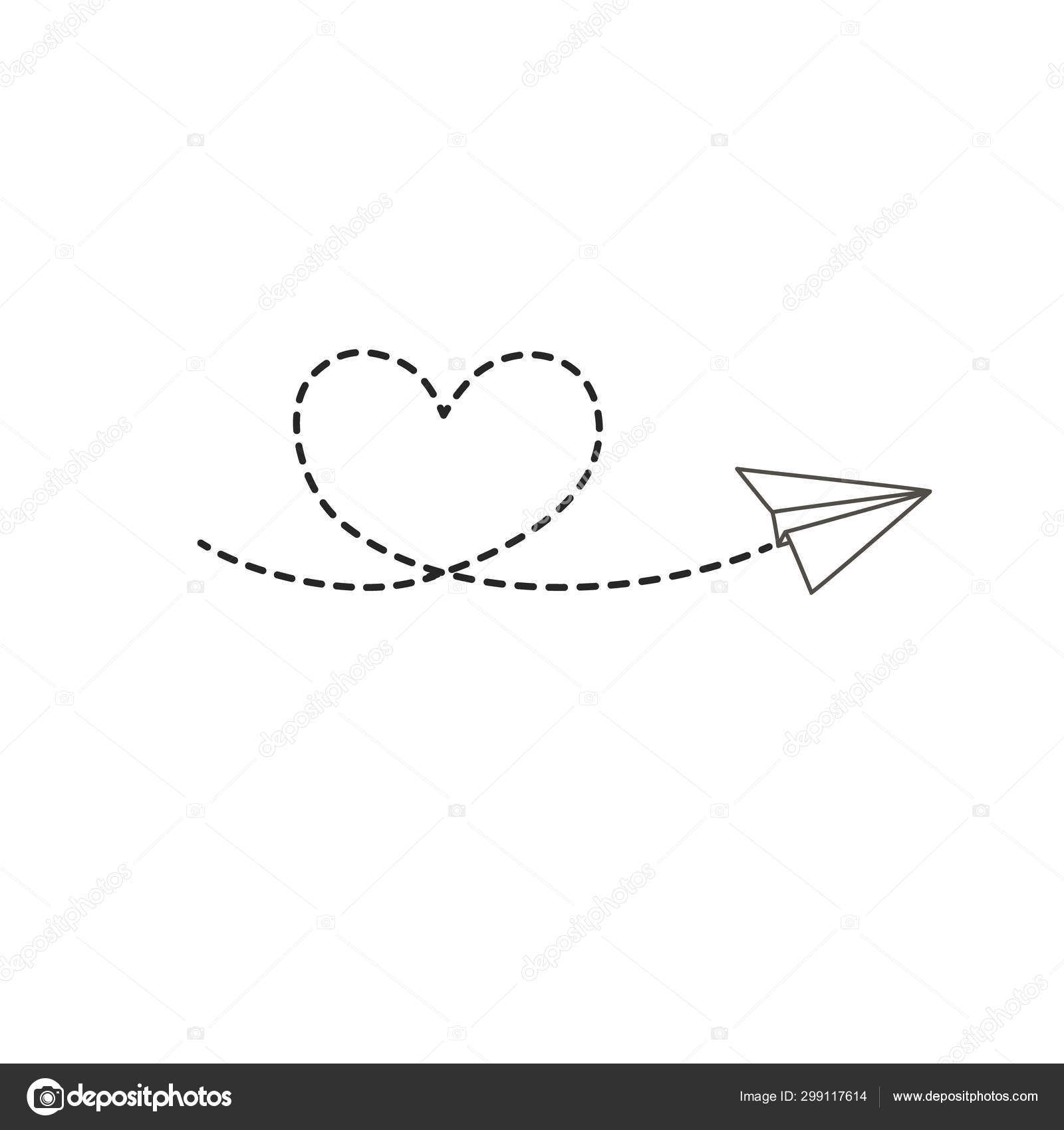 Paper plane with dotted line heart. Vector linear illustration by hand ...