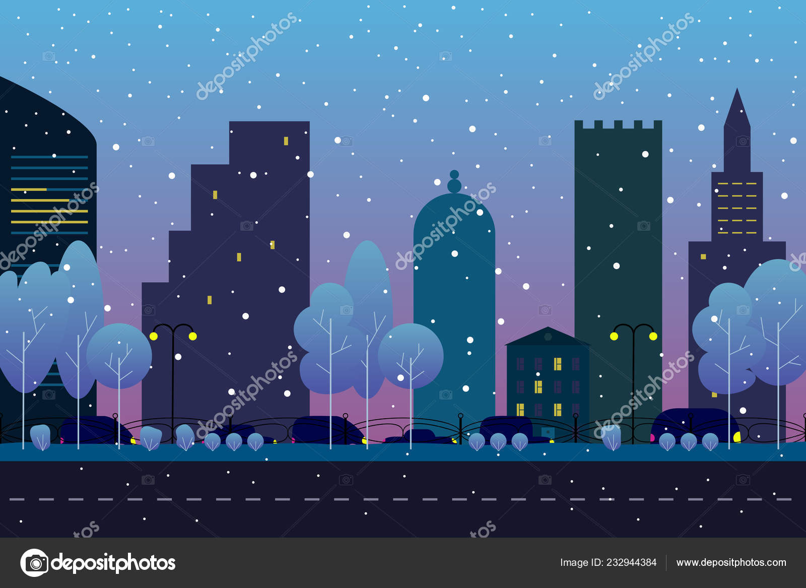 Winter city with road. Houses, cars, trees under the snow. Fantasy town ...