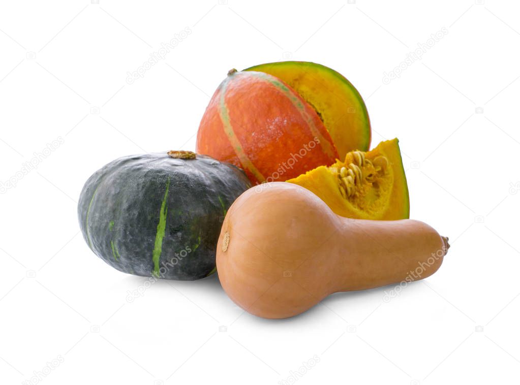 Diferentes variedades de calabazas de colores y calabazas. aislado ...