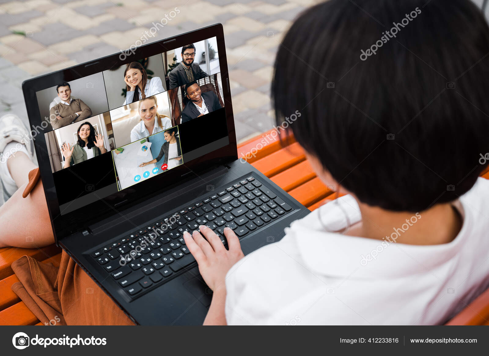 Online Learning Back View Young Girl Student Laptop Girl Learns Stock ...