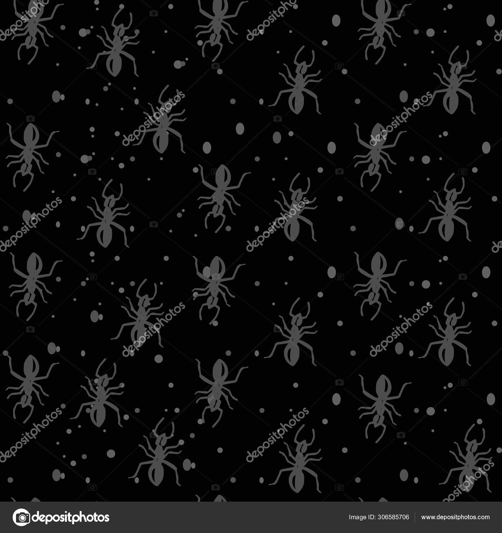 Vector hand-drawn gray ants on a dark black background, seamless ...