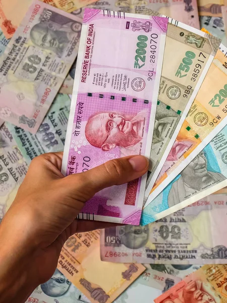 Woman's Hands Holding Indian Notes 100 200 500 2000 Indian – Stock ...