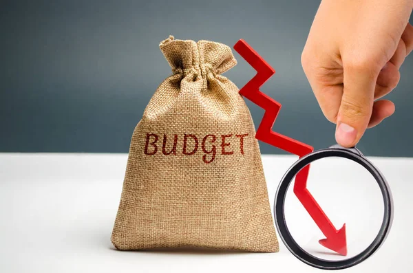 Money bag with word Budget and down arrow. Unsuccessful business and ...