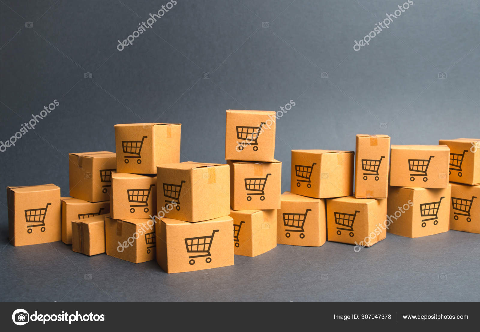 Many cardboard boxeswith drawing of shopping carts. products, goods ...