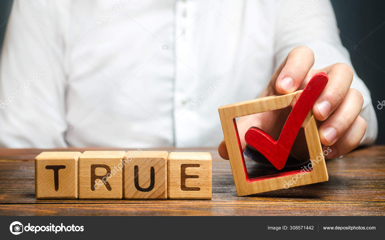 A man holds a red check mark over word True. Confirm the veracity and ...