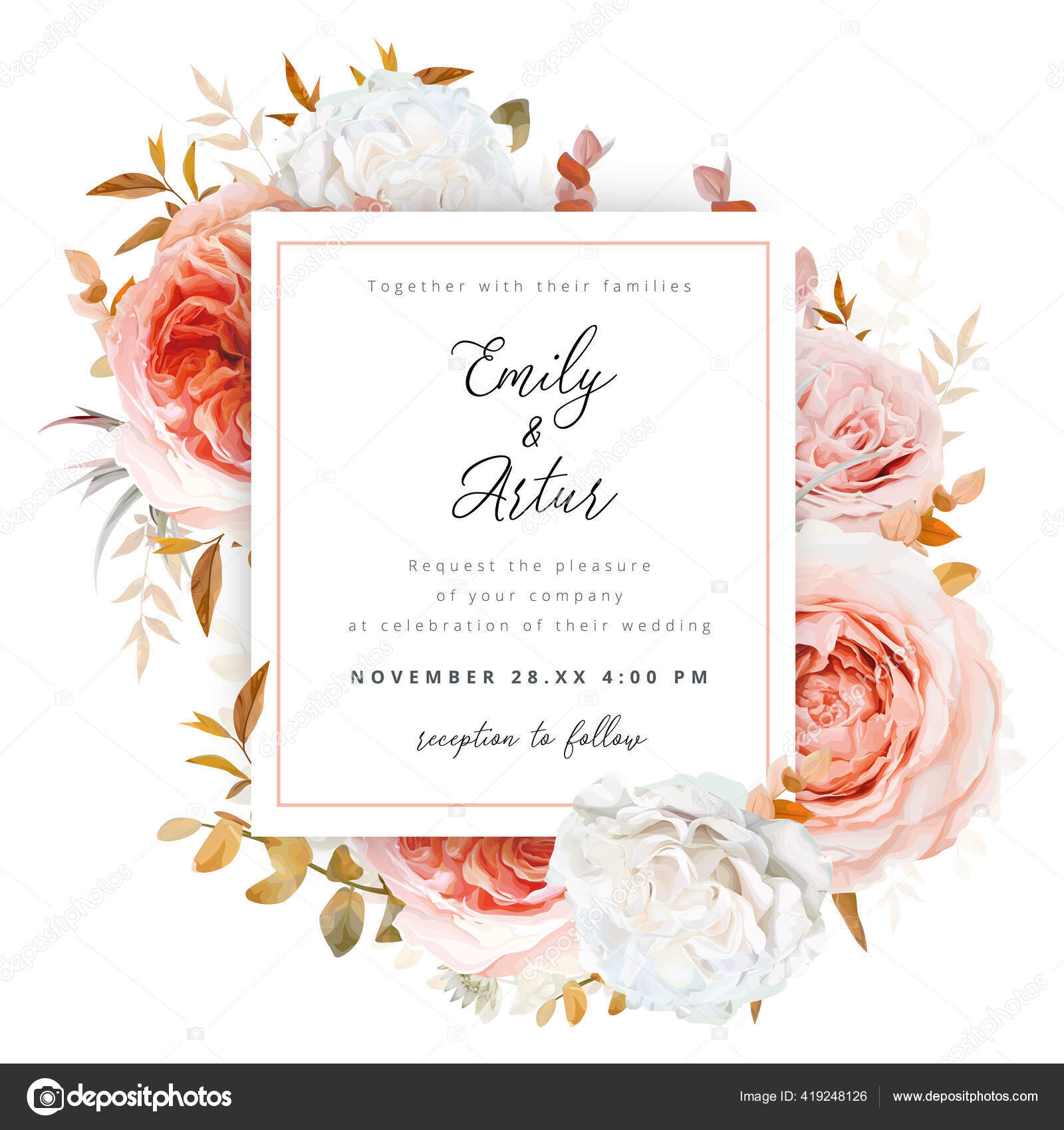 Vector Wedding Invite Card Invitation Design Blush Peach Ivory White ...