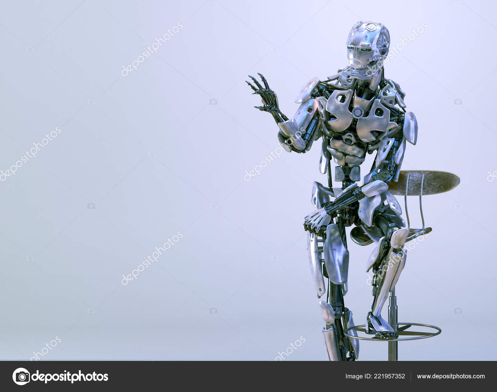 A male humanoid robot, android or cyborg, sitting on chair and holding ... A male humanoid robot, android or cyborg, sitting on chair and holding ...