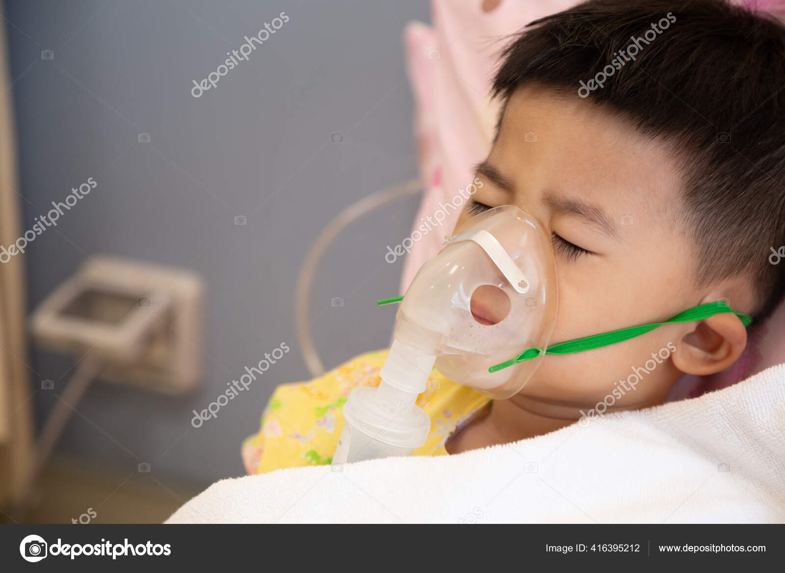 Asian Little Boy Making Inhalation Nebulizer Hospital Nebulization ...