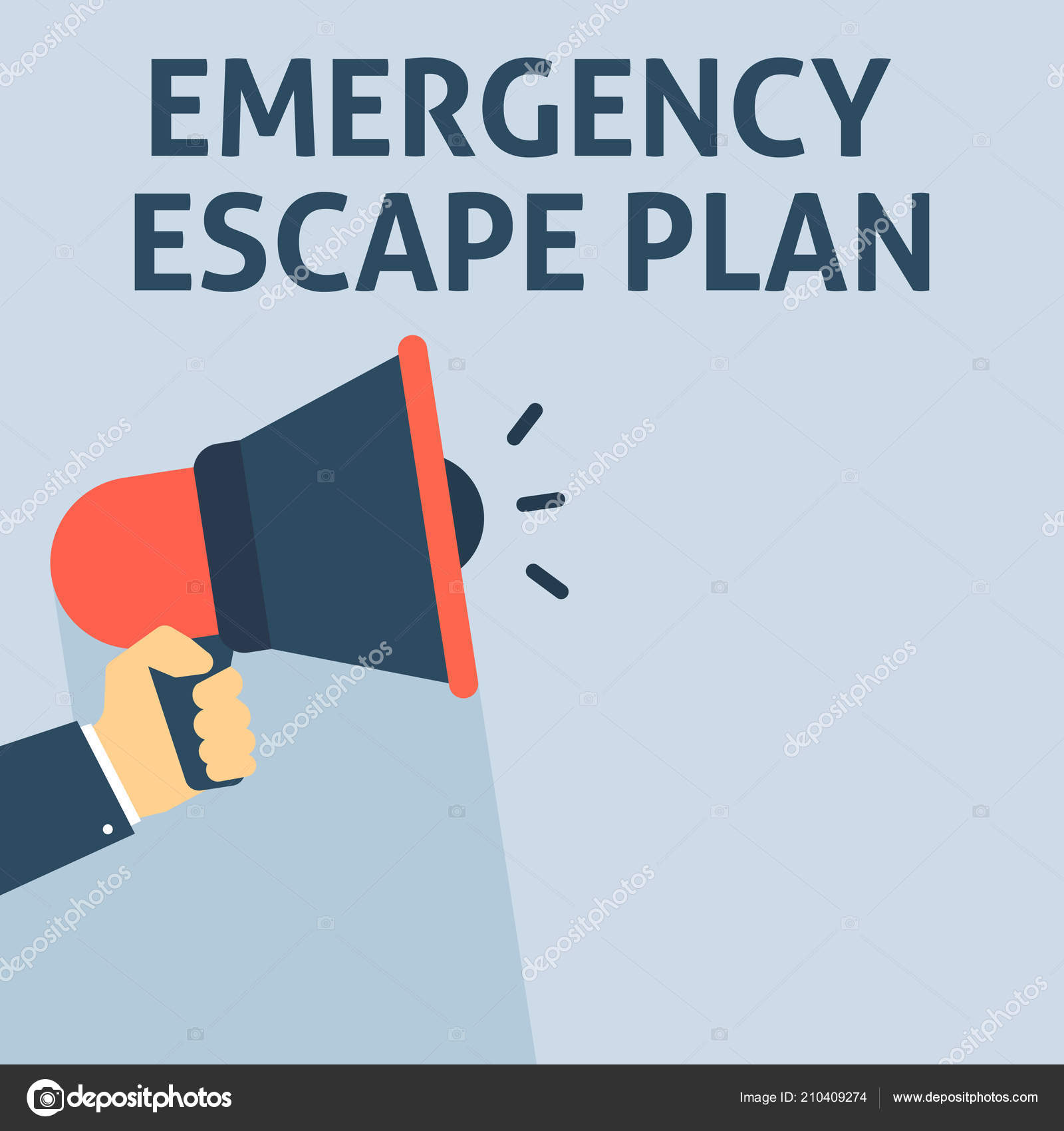 EMERGENCY ESCAPE PLAN Announcement. Hand Holding Megaphone With Speech ...