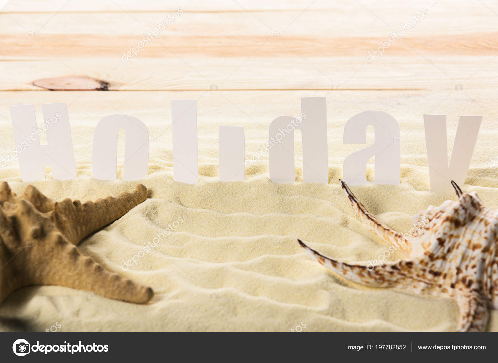 Starfish Seashell Holiday Inscription Sandy Beach — Free Stock Photo ...