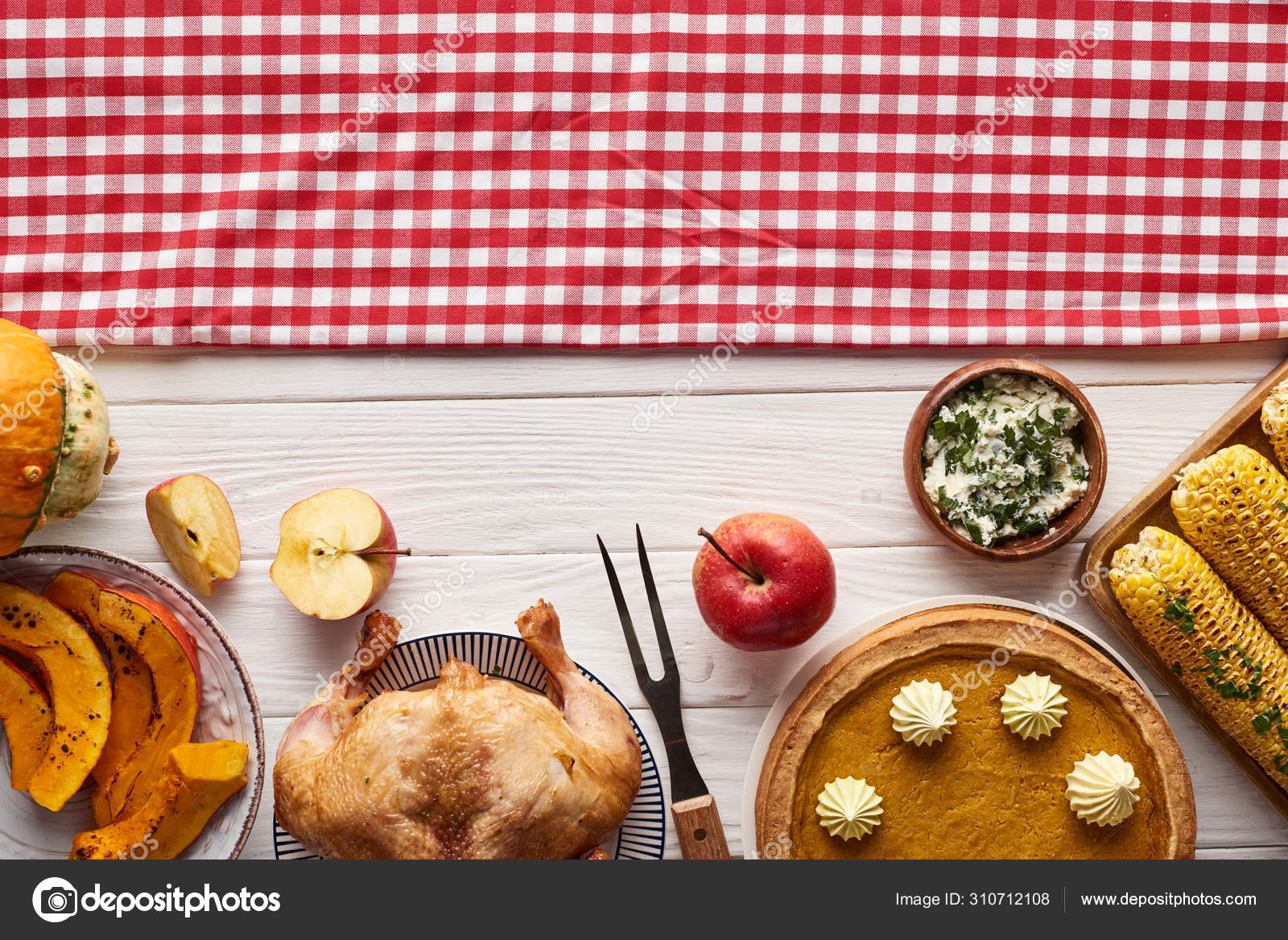 Top View Pumpkin Pie Turkey Vegetables Served White Wooden Table ...