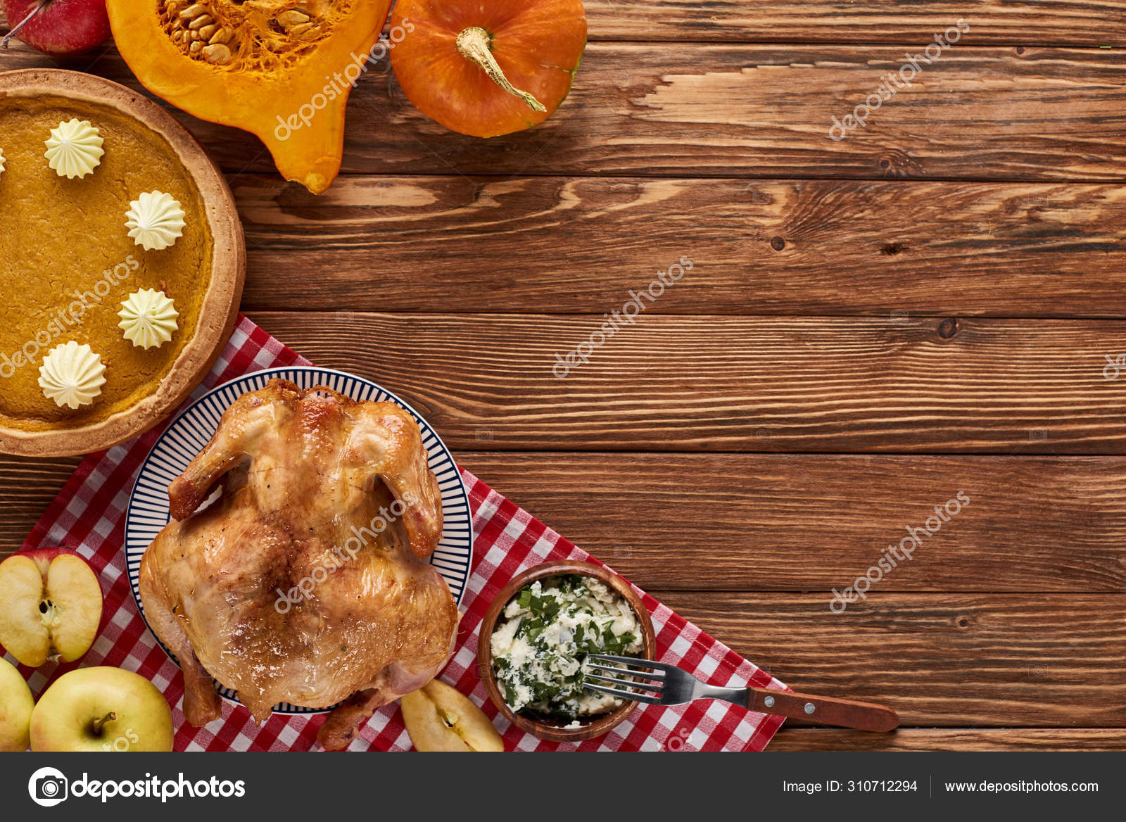 Top View Pumpkin Pie Turkey Vegetables Served Wooden Table Thanksgiving ...