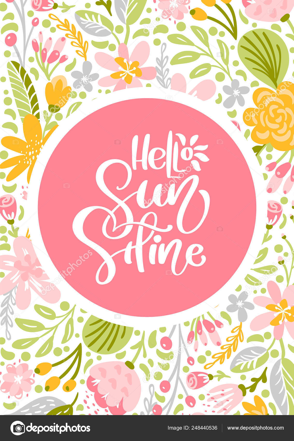 Flower Vector greeting card with text Hello Sunshine. Isolated colored ...