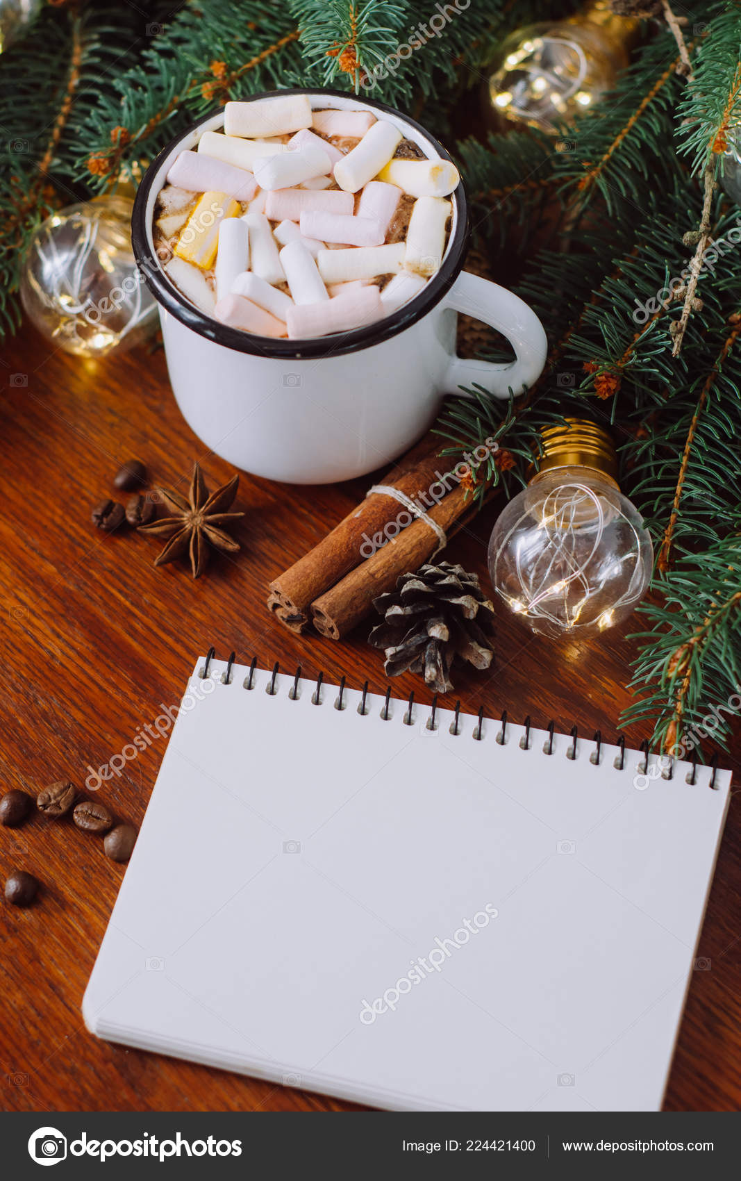 Chocolate Cocoa Marshmallow Notebook Garland Wooden Background — Stock ...