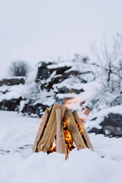 Camp fire in winter time, surrounded by snow against the background of ...