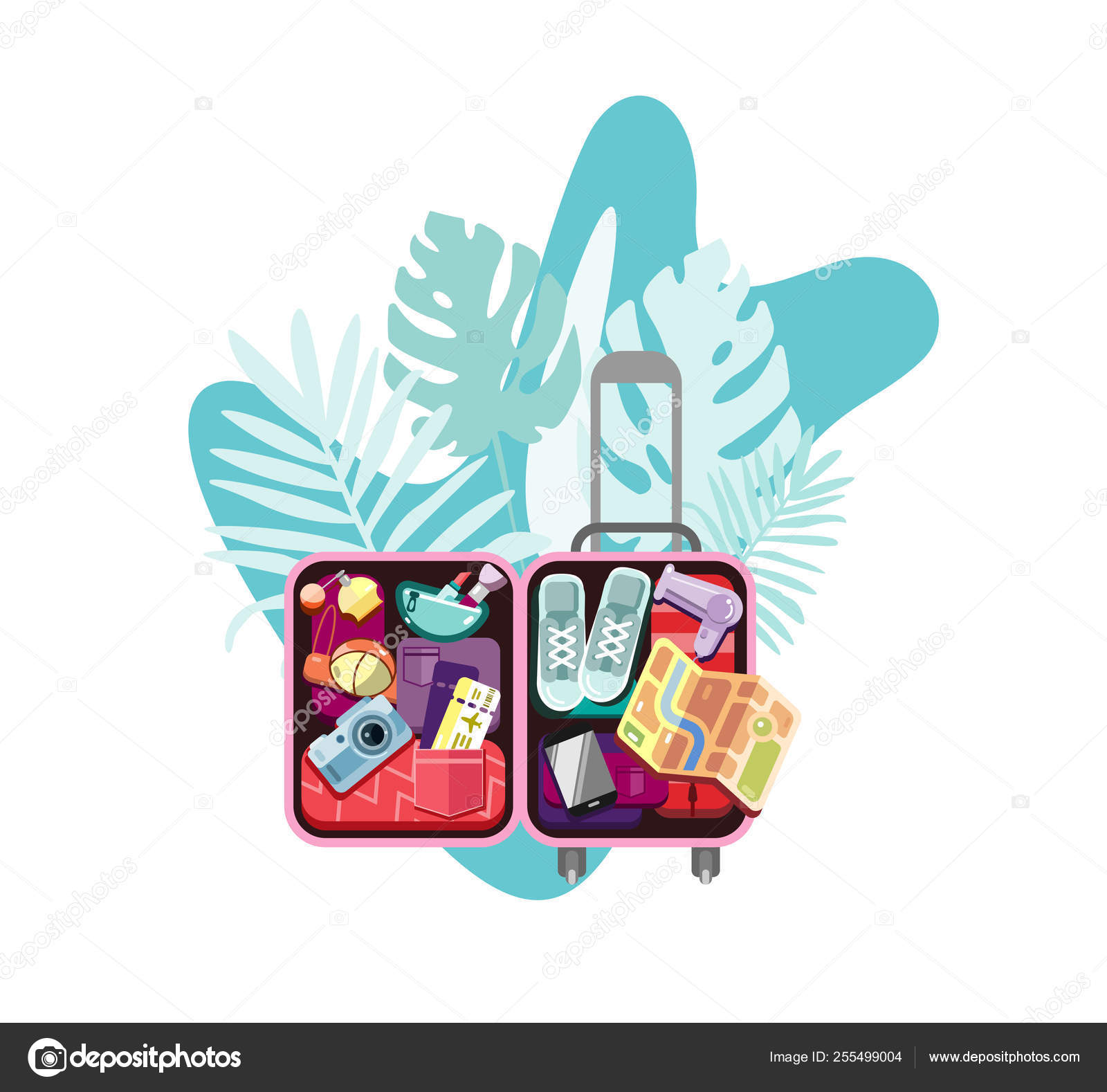 Travel item set. Suitcase with phone, map, parfume, hair dryer, ticket ...