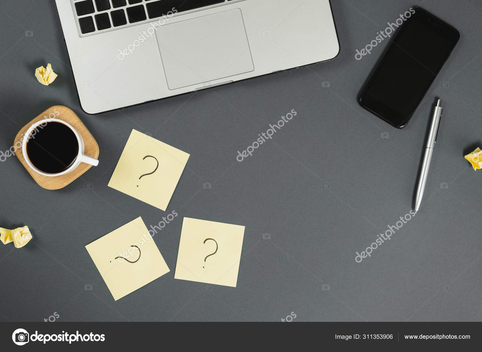 Asking, Decisions. Question mark on sticky notes, notebook, cup coffee ...