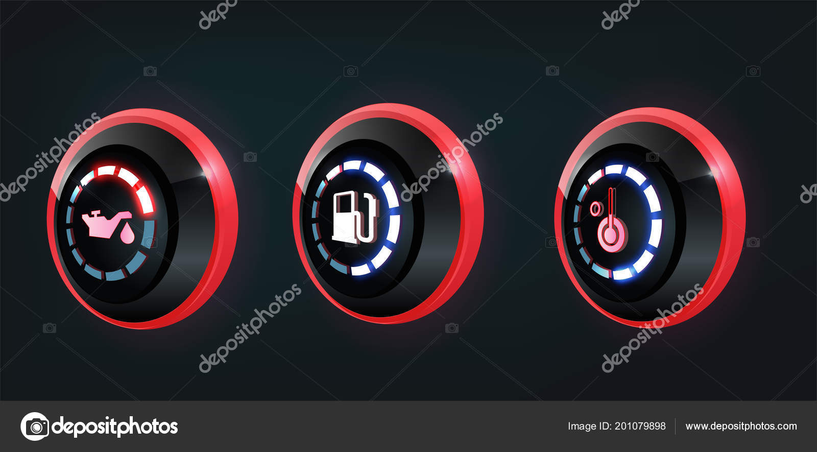 3D vector collection of car dashboard panel indicators, red , blue ...