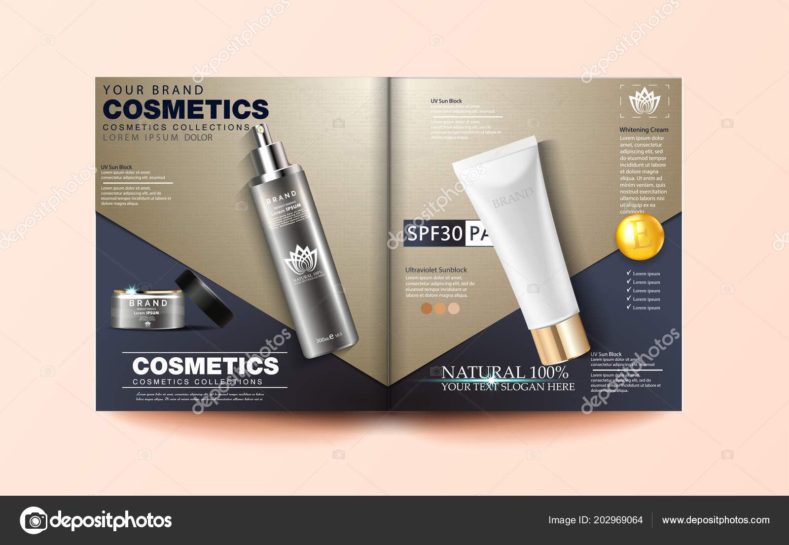 Cosmetic magazine template, cosmetic brochure design with product ...