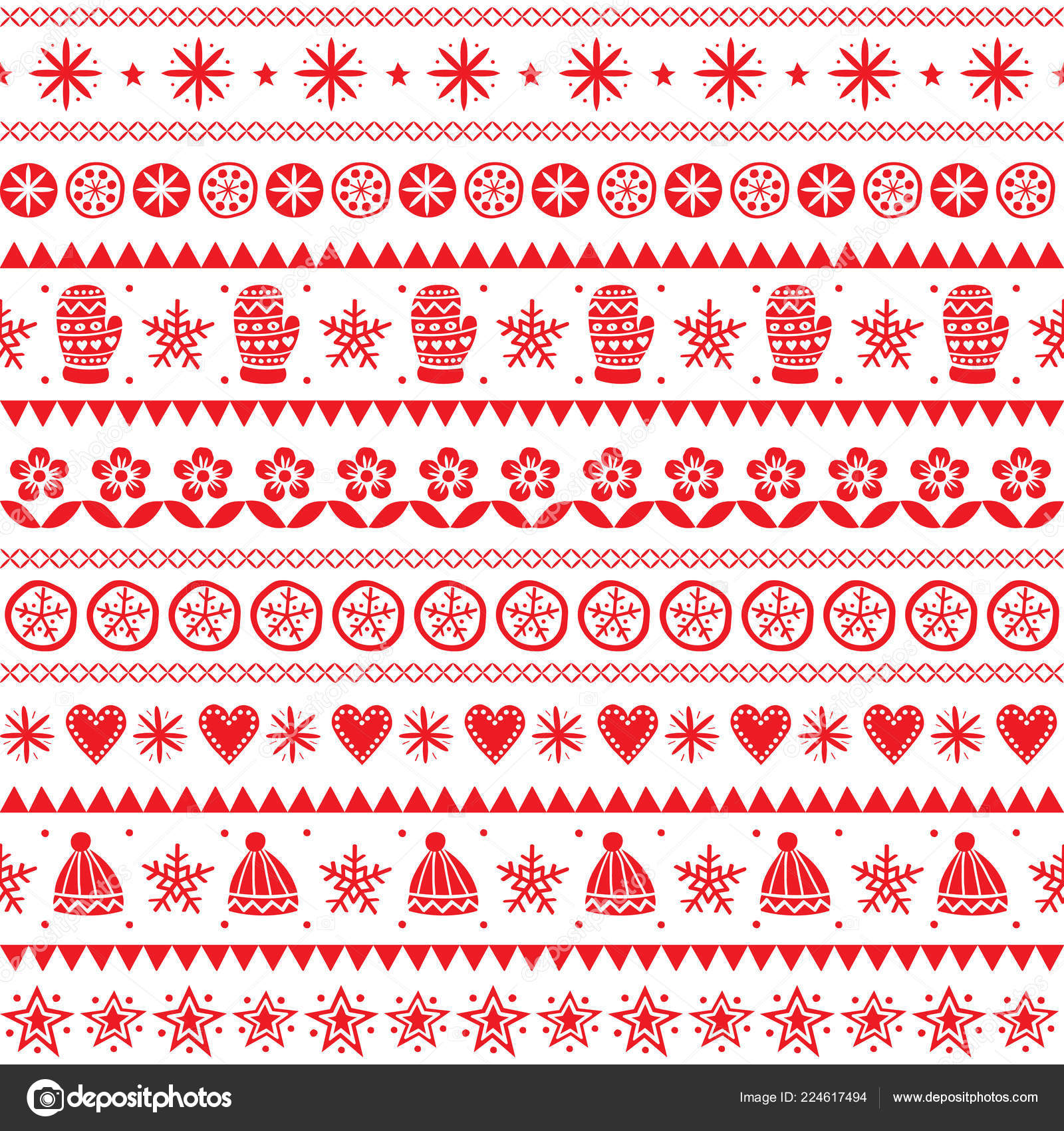 Winter Folk Art Vector Seamless Pattern Christmas Red Ornament Hand ...