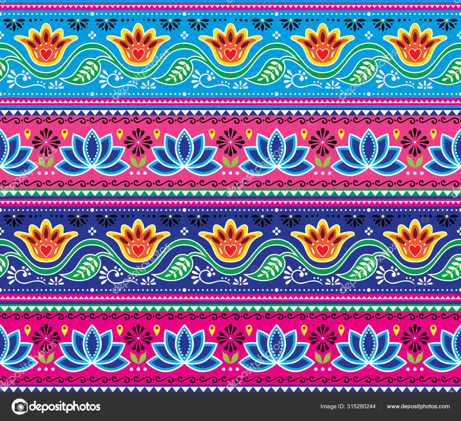 Pakistani Indian Truck Art Vector Seamless Pattern Floral Cheerful ...