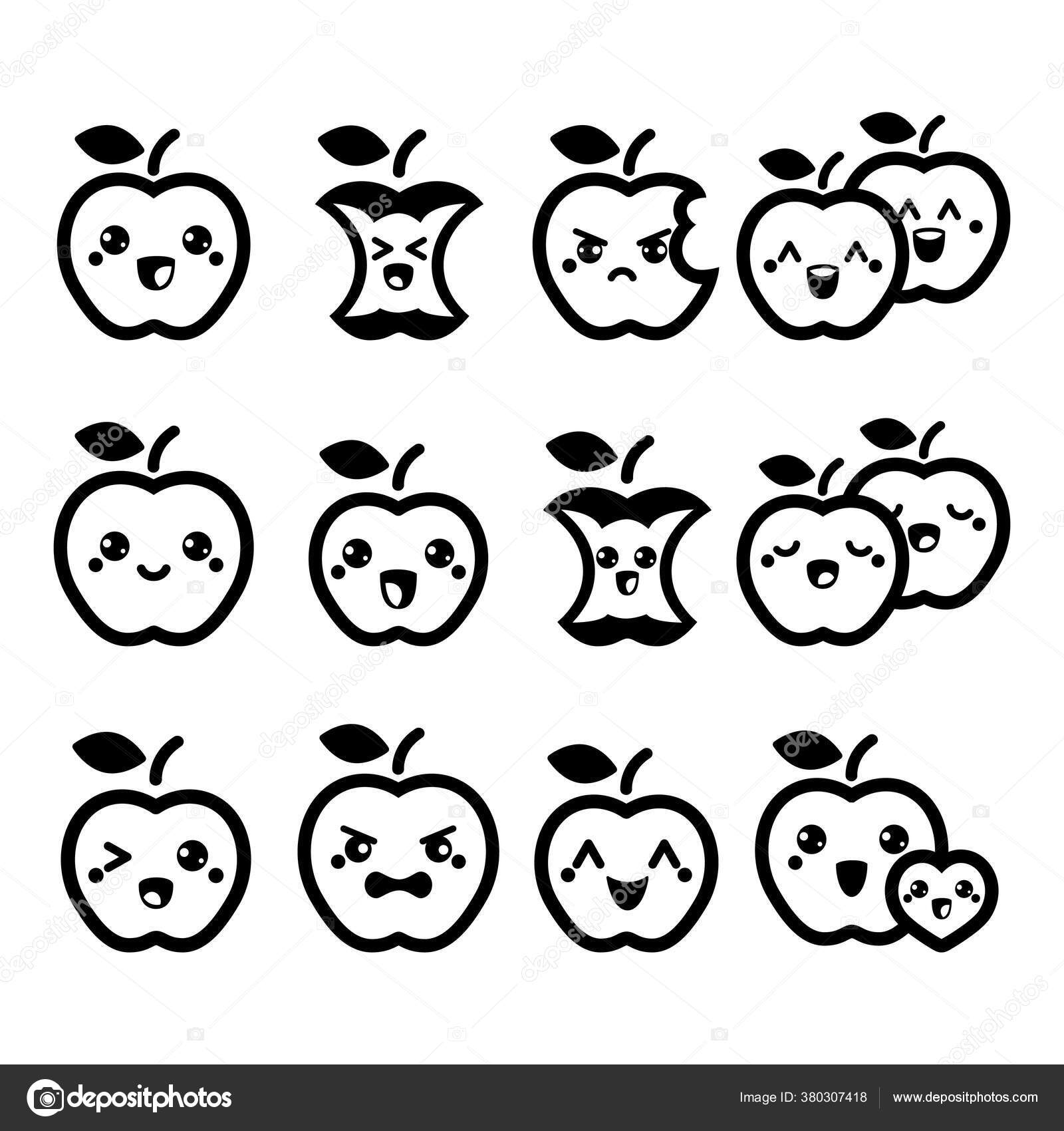 Cute Kawaii Apple Vector Icon Set Fruit Apples Faces Design Stock ...