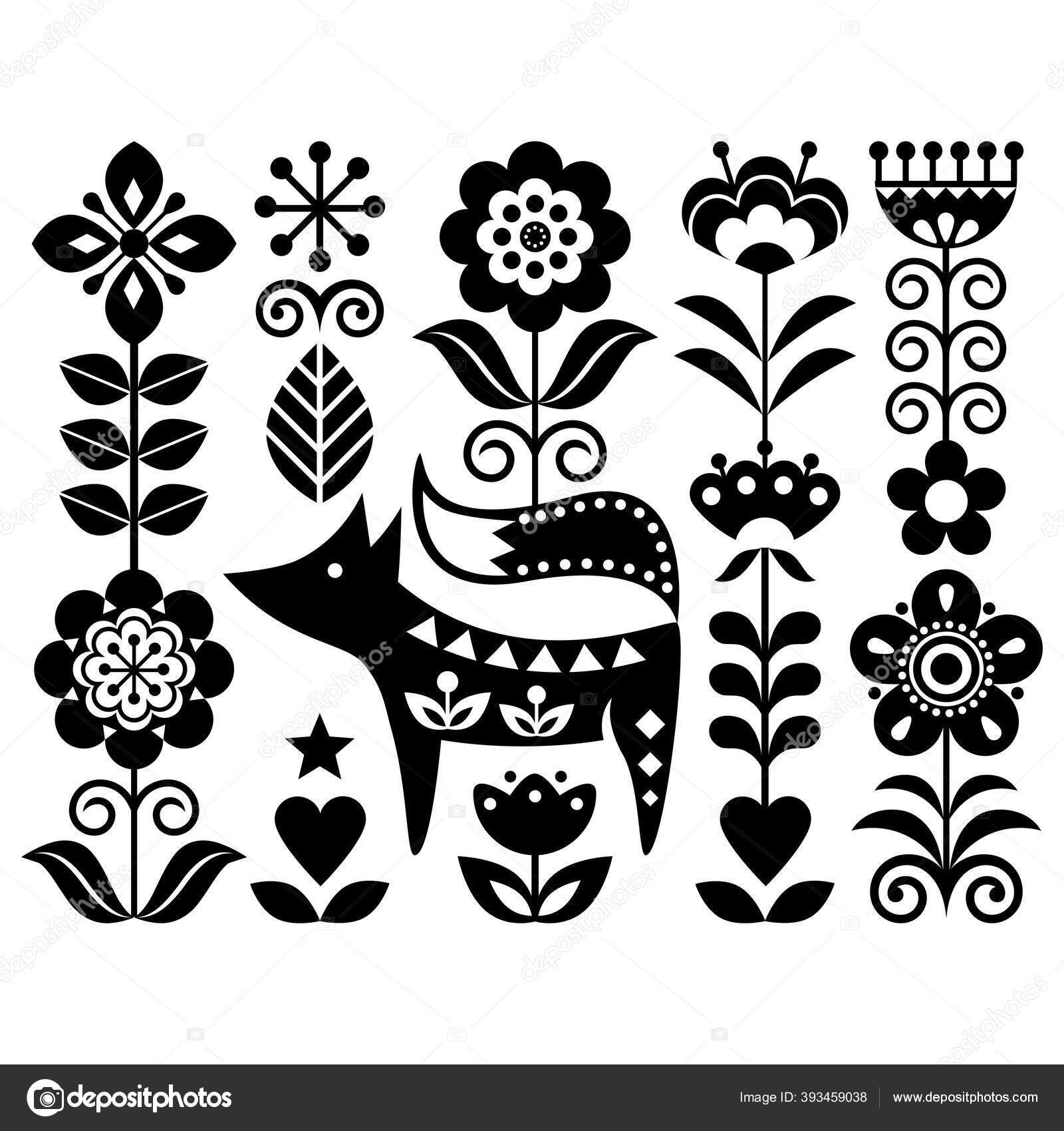 Norwegian Folk Art Patterns Scandinavian Cute Monochrome Folk Art