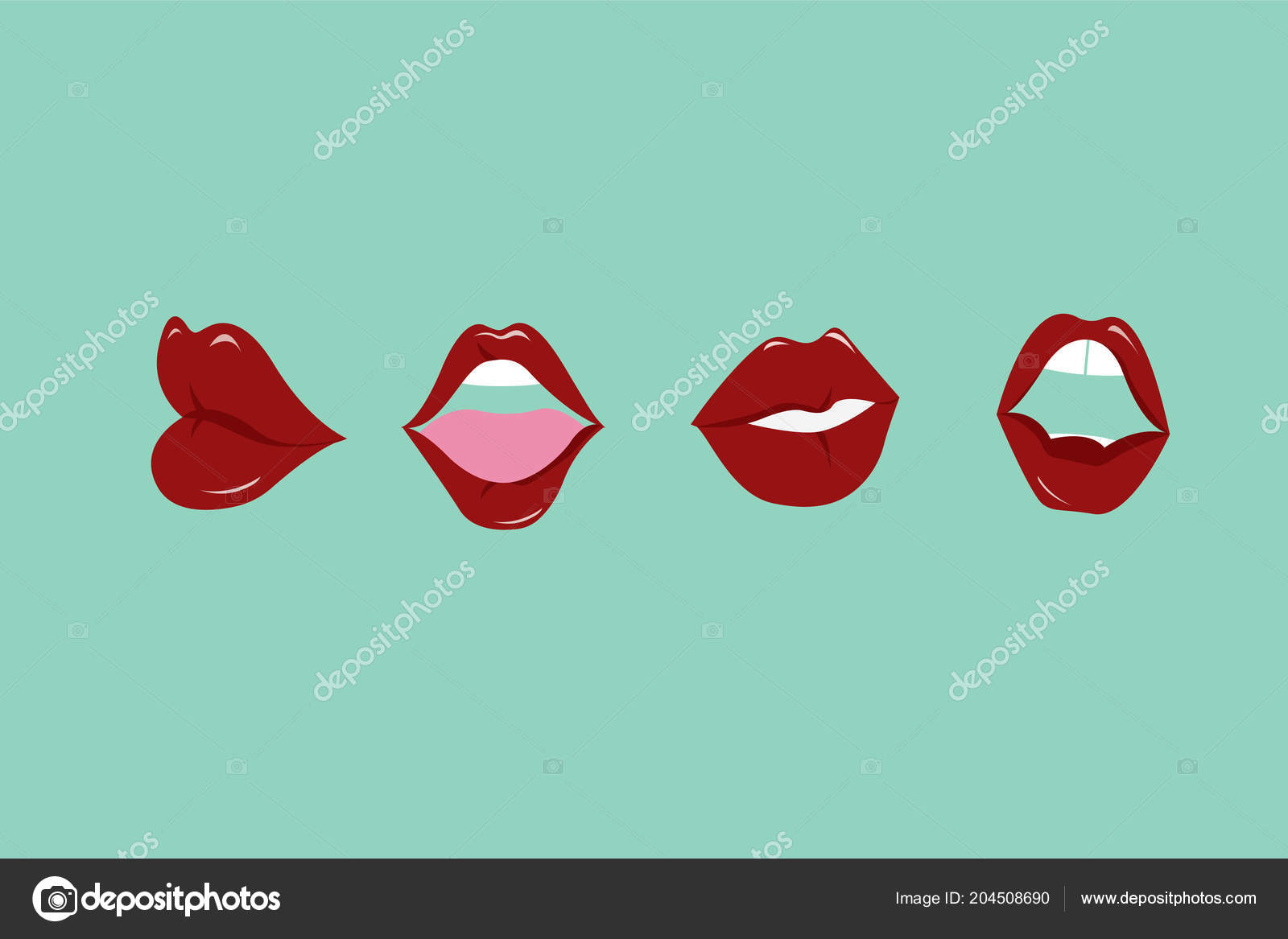 Vector illustrations of different shapes of female red lips on colorful ...
