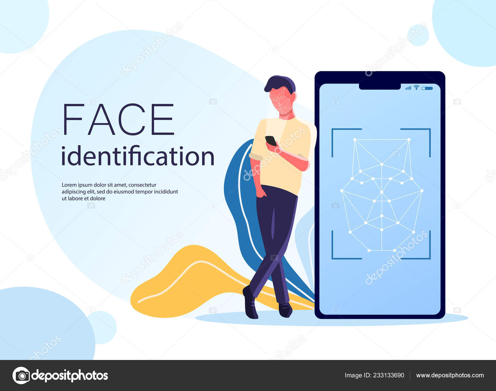Vector illustration of smartphone scans a person face. Flat concept of ...