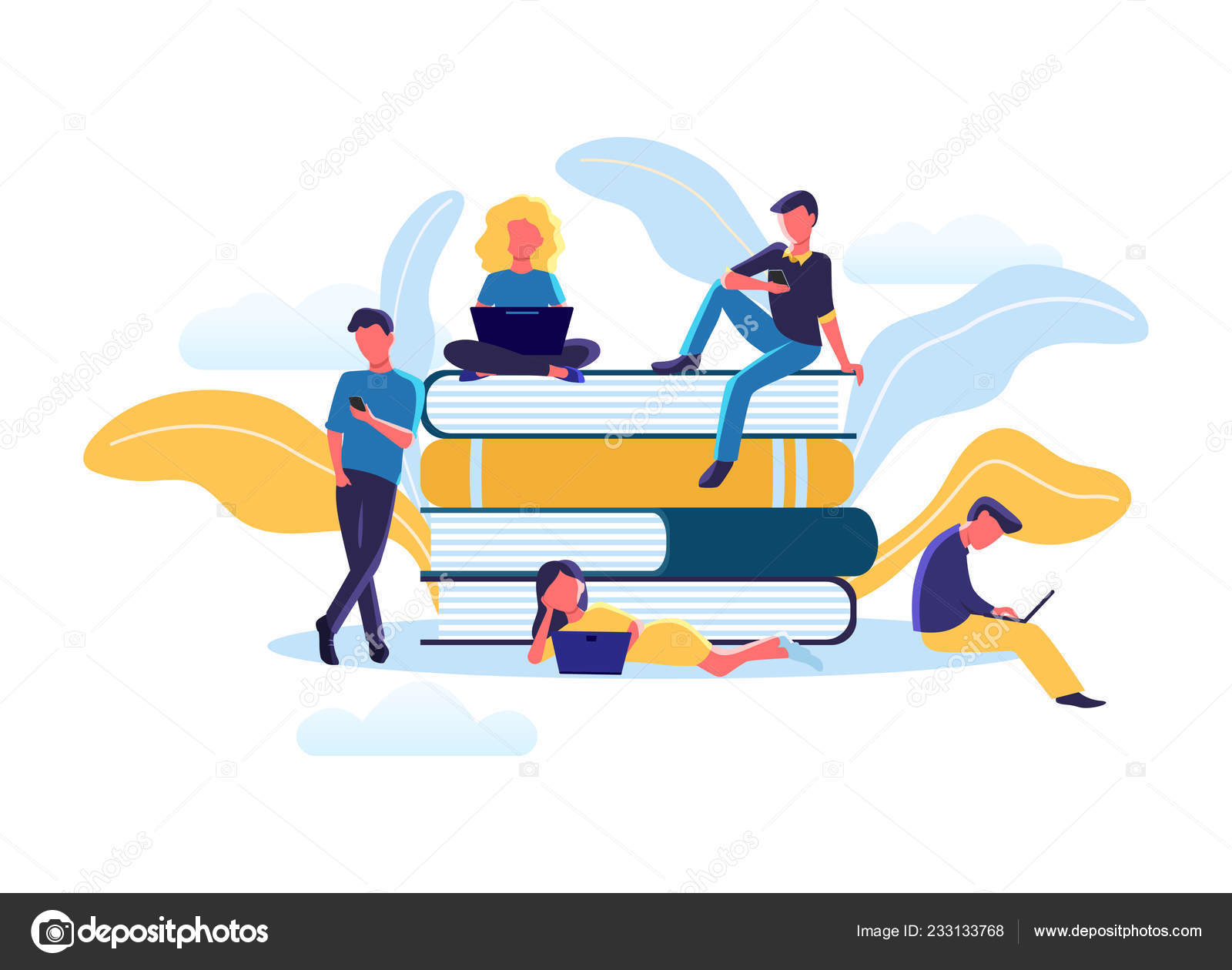 Young people learn and gain knowledge. Flat cartoon design of students ...