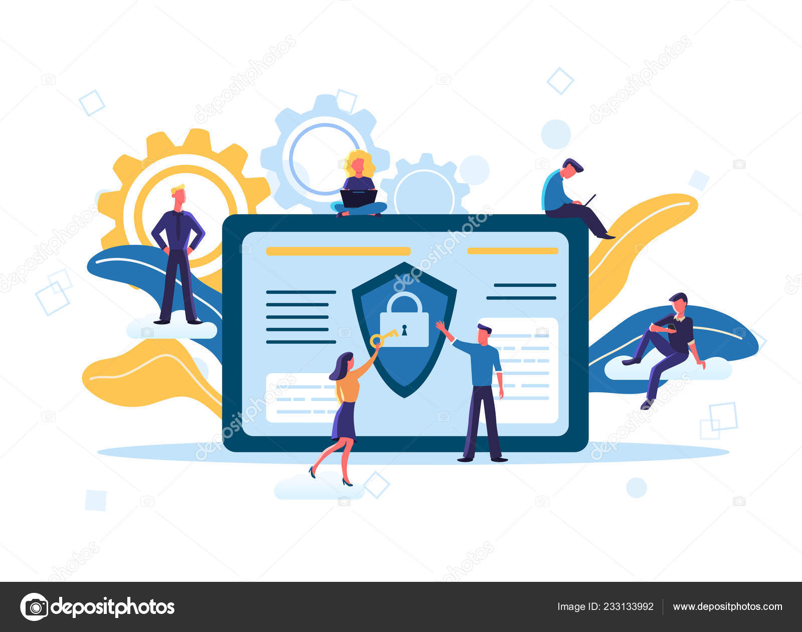 Flat vector illustration of small people characters protecting computer data. Data protection ...