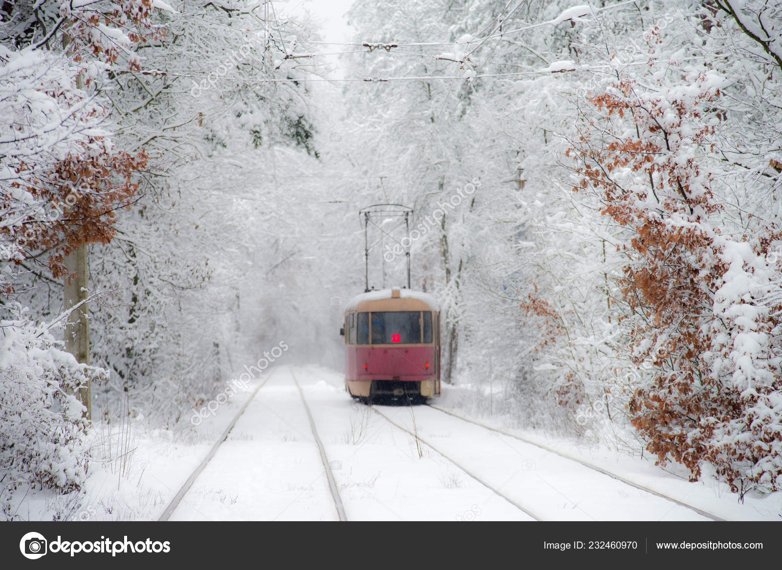 Red Tram Stretching Distance Snowy Forest Snowfall Selective Focus ...
