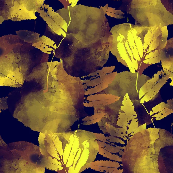 repeat seamless pattern with watercolour imprints of fallen leaves of ...