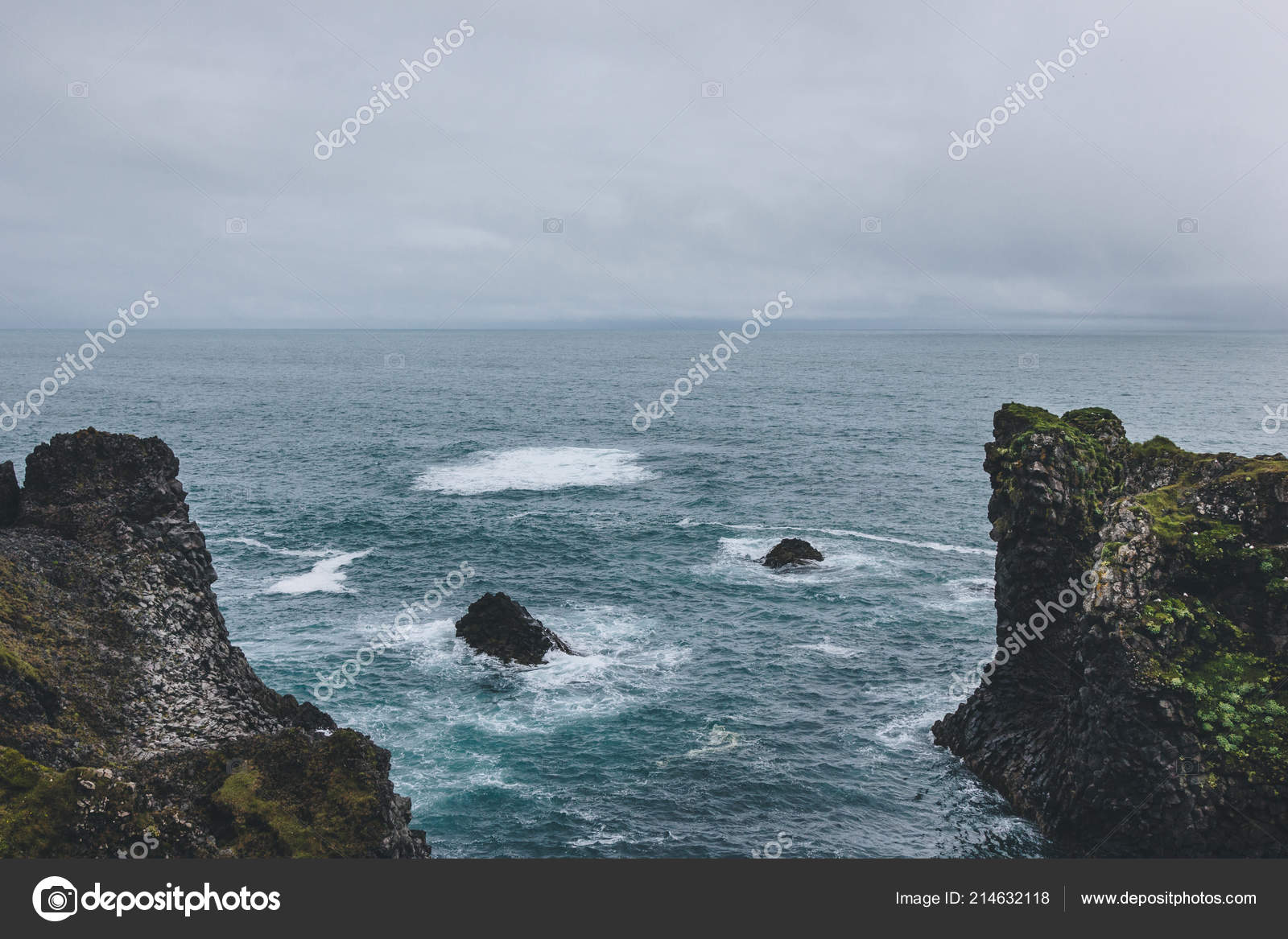 Aerial View Cliffs Front Blue Ocean Arnarstapi Iceland Cloudy Day ...