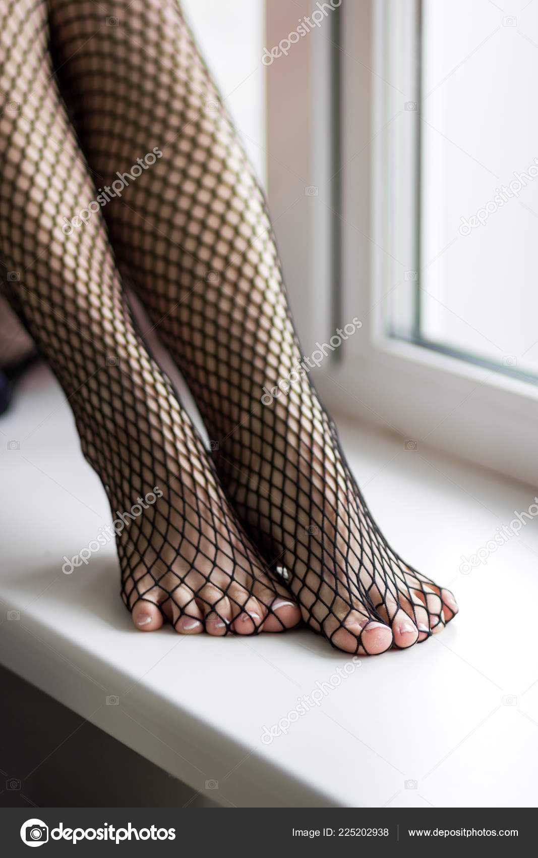 Studio Close Detailed Shot Sexy Beautiful Female Feet Black Fishnet — Stock Photo © Yuriosav ...
