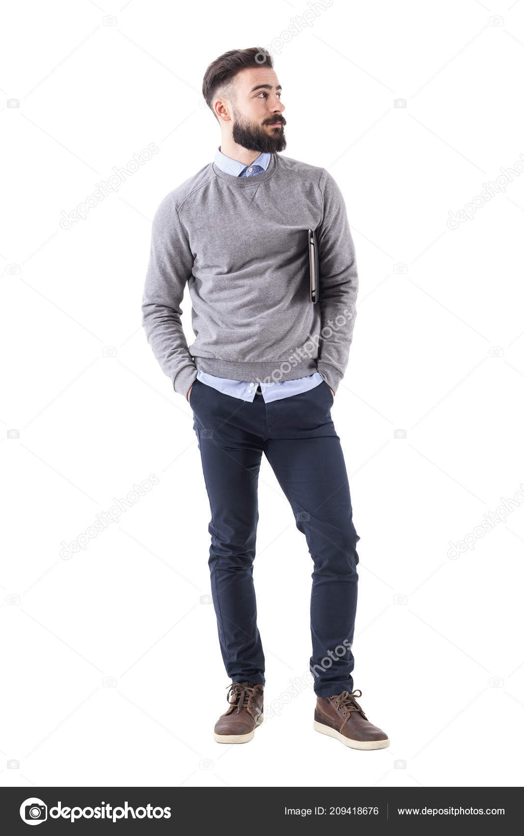 Cool Relaxed Modern Millennial Guy Notebook Standing Looking Away Full ...