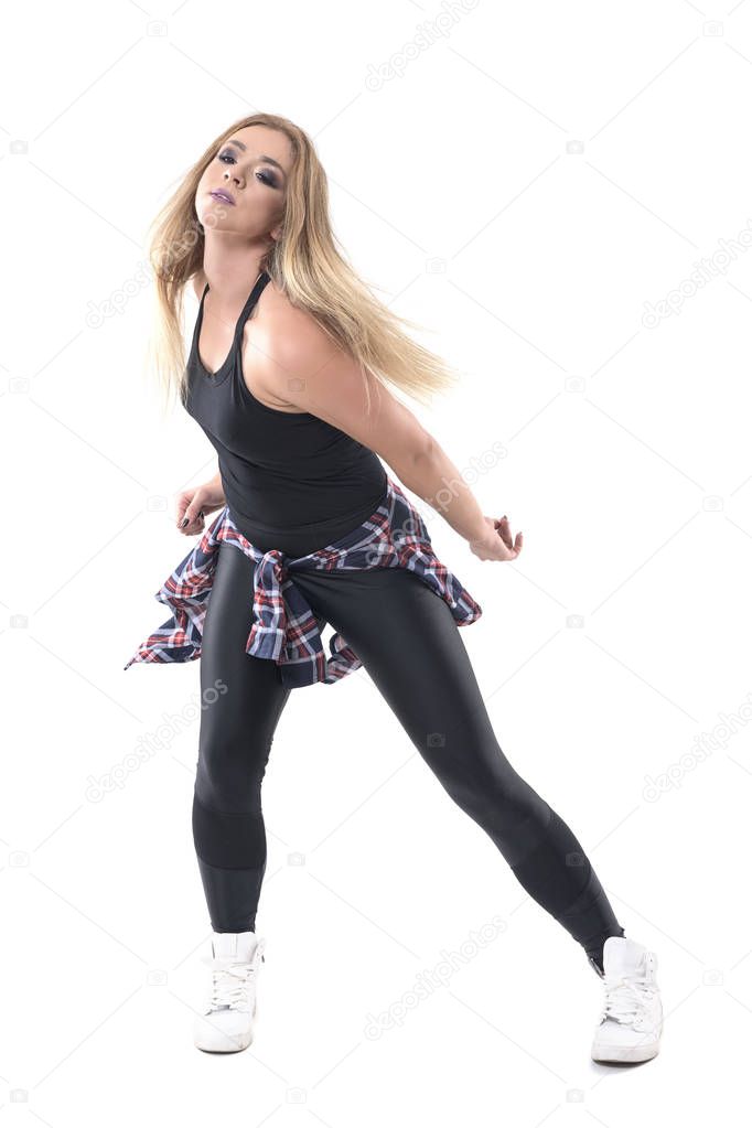 Jazz danza aeróbica instructor de baile y movimiento doblado hacia adelante. Retrato de cuerpo ...