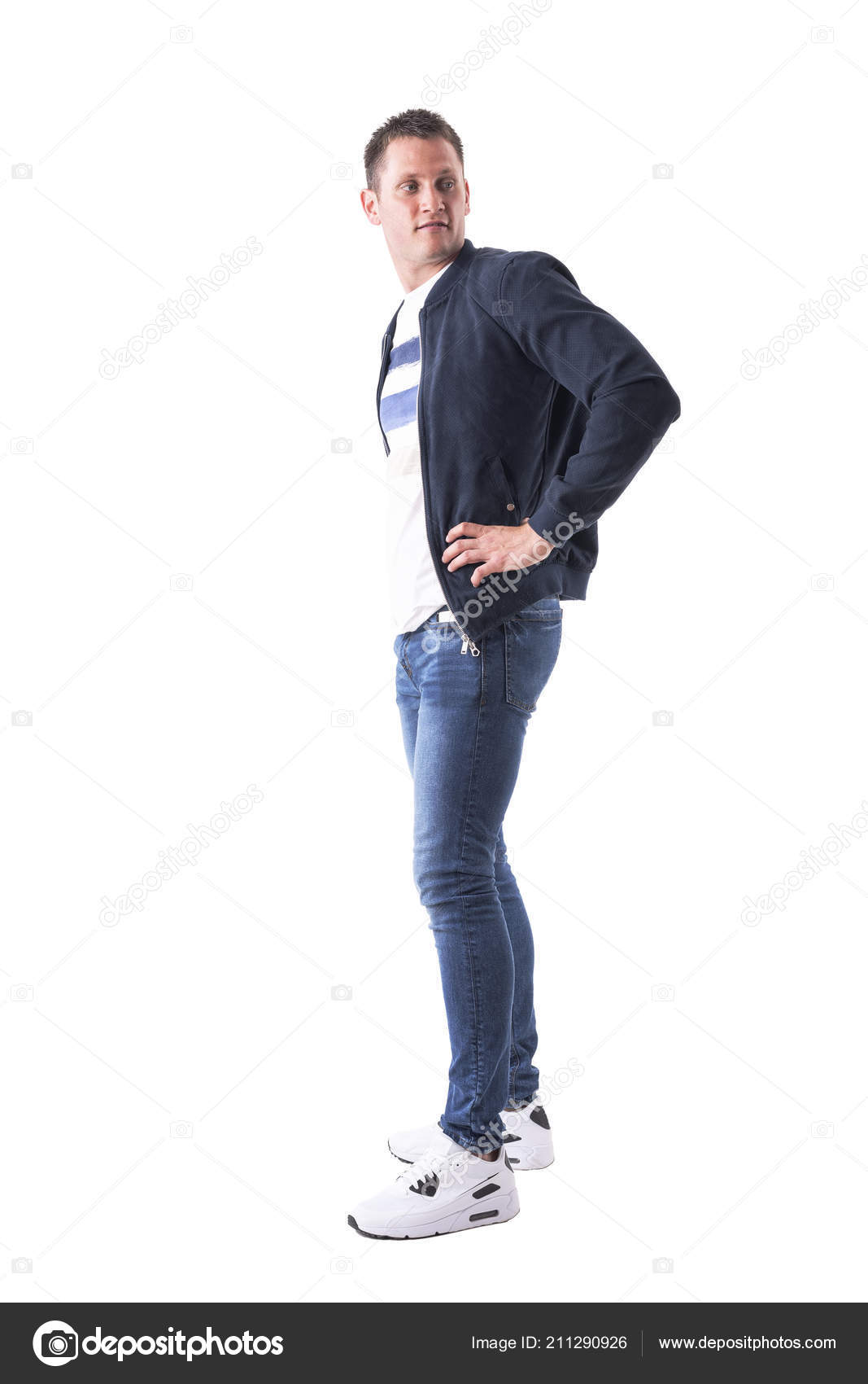 Profile View Handsome Young Man Bomber Jacket Looking Back Shoulder ...