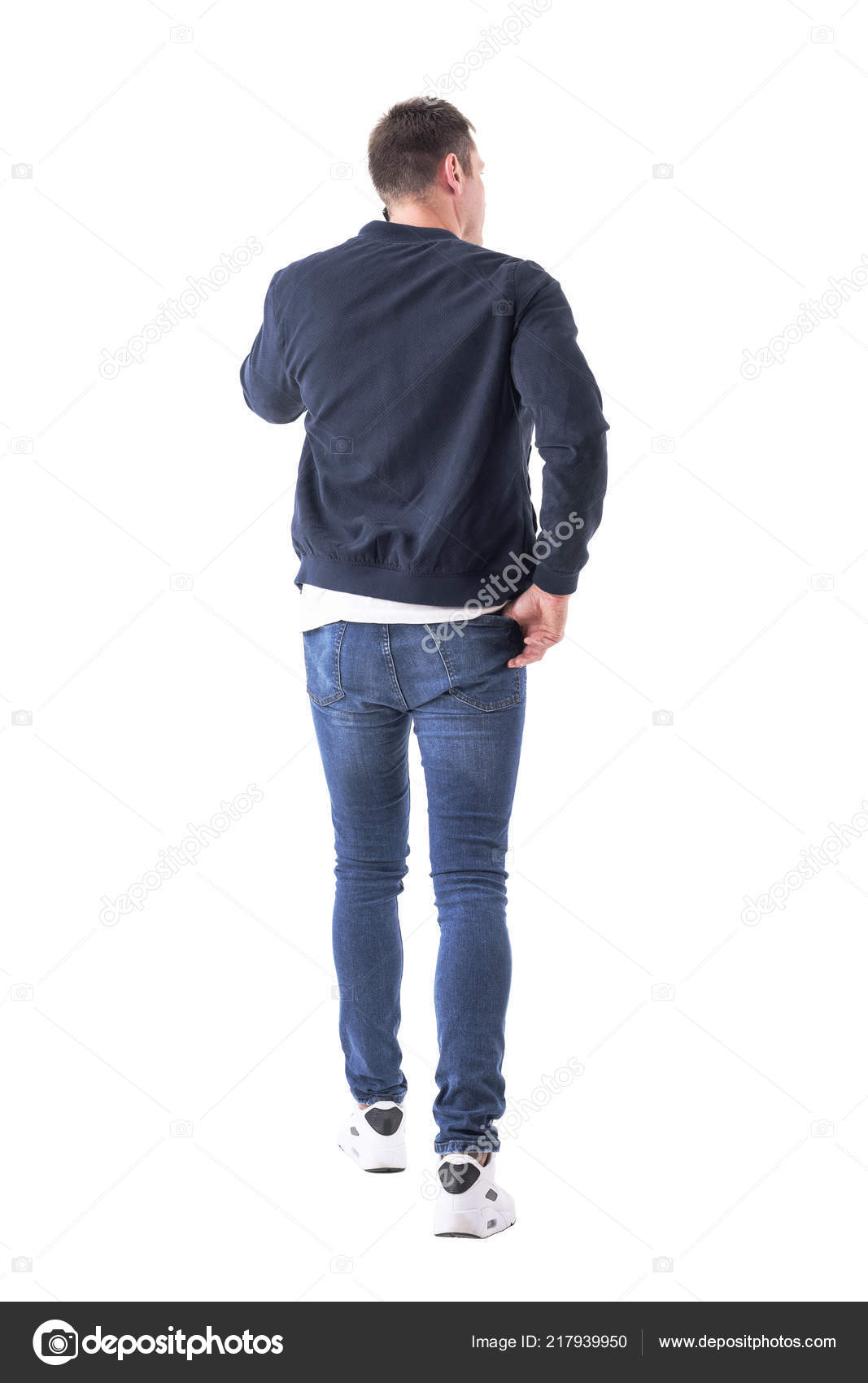 Back View Young Man Standing Talking Mobile Phone Looking Away Stock ...