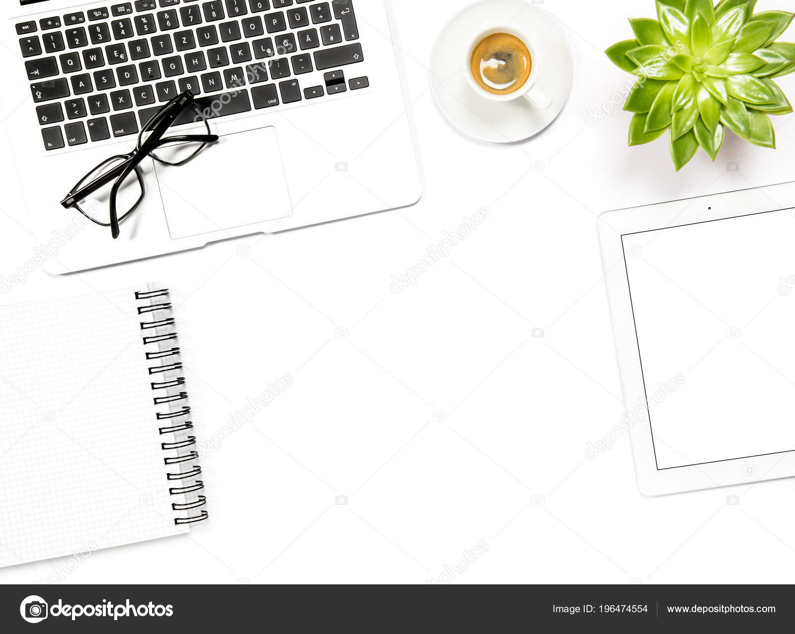 Office Workplace Flat Lay Mockup Laptop Notebook Tablet Cup Coffee ...