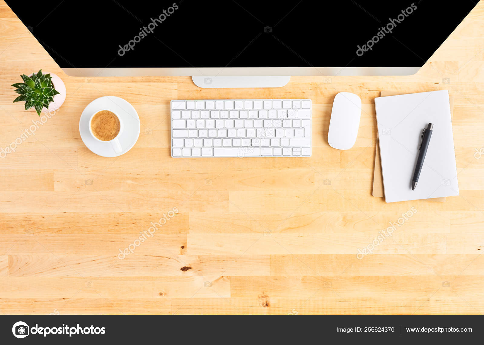 Top view of large desktop computer on wooden office desk Stock Photo by ...